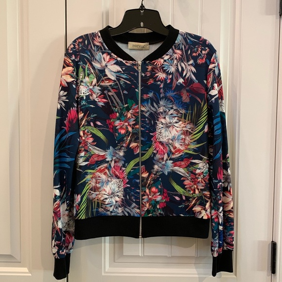 Instyle | Jackets & Coats | Nwt Instyle Blue Tropical Floral Bomber ...